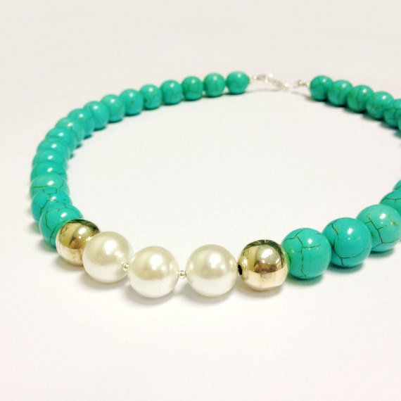 Turquoise & Pearl Necklace - Sterling Silver, Beaded Gemstone - Etsy
