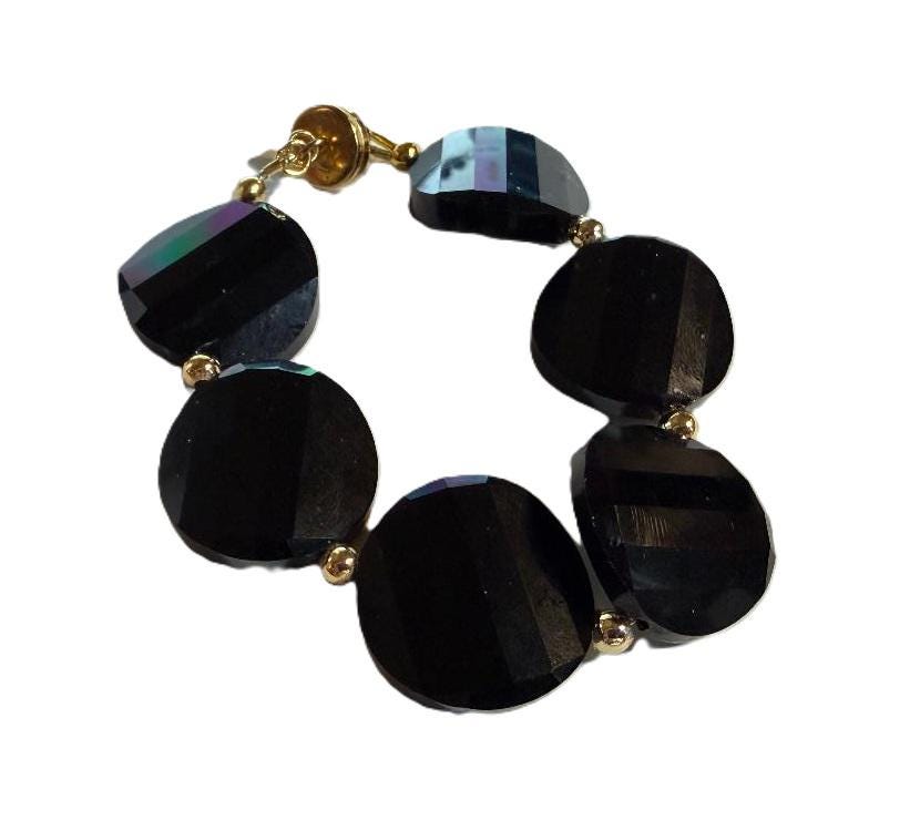 Black Crystal Bracelet – Gold Filled Magnetic Clasp - Chunky Handmade ...