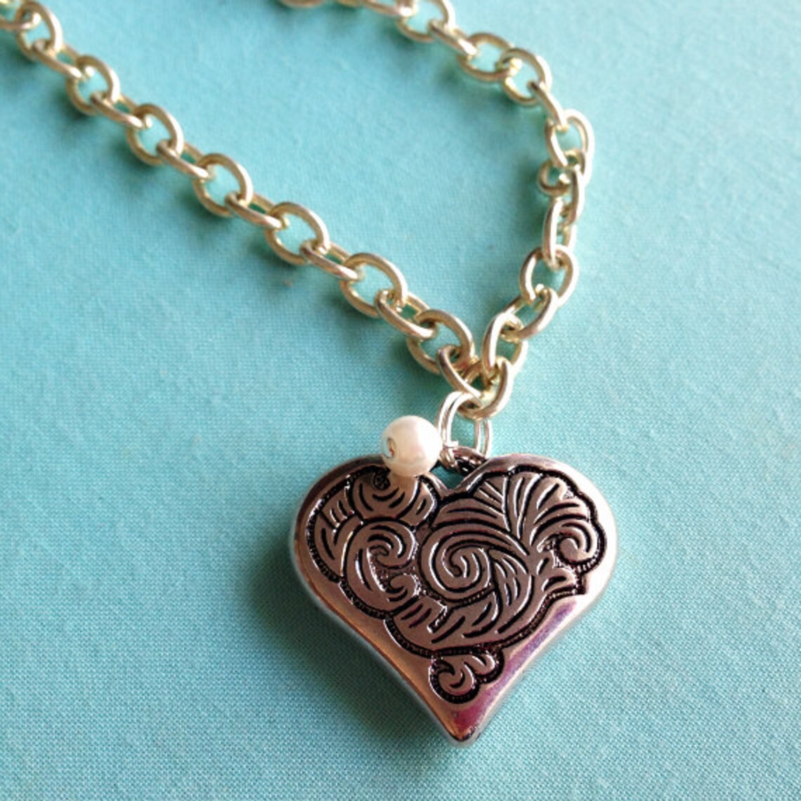 Silver Heart Necklace Valentine Jewelry Chain Jewellery Pearl | Etsy