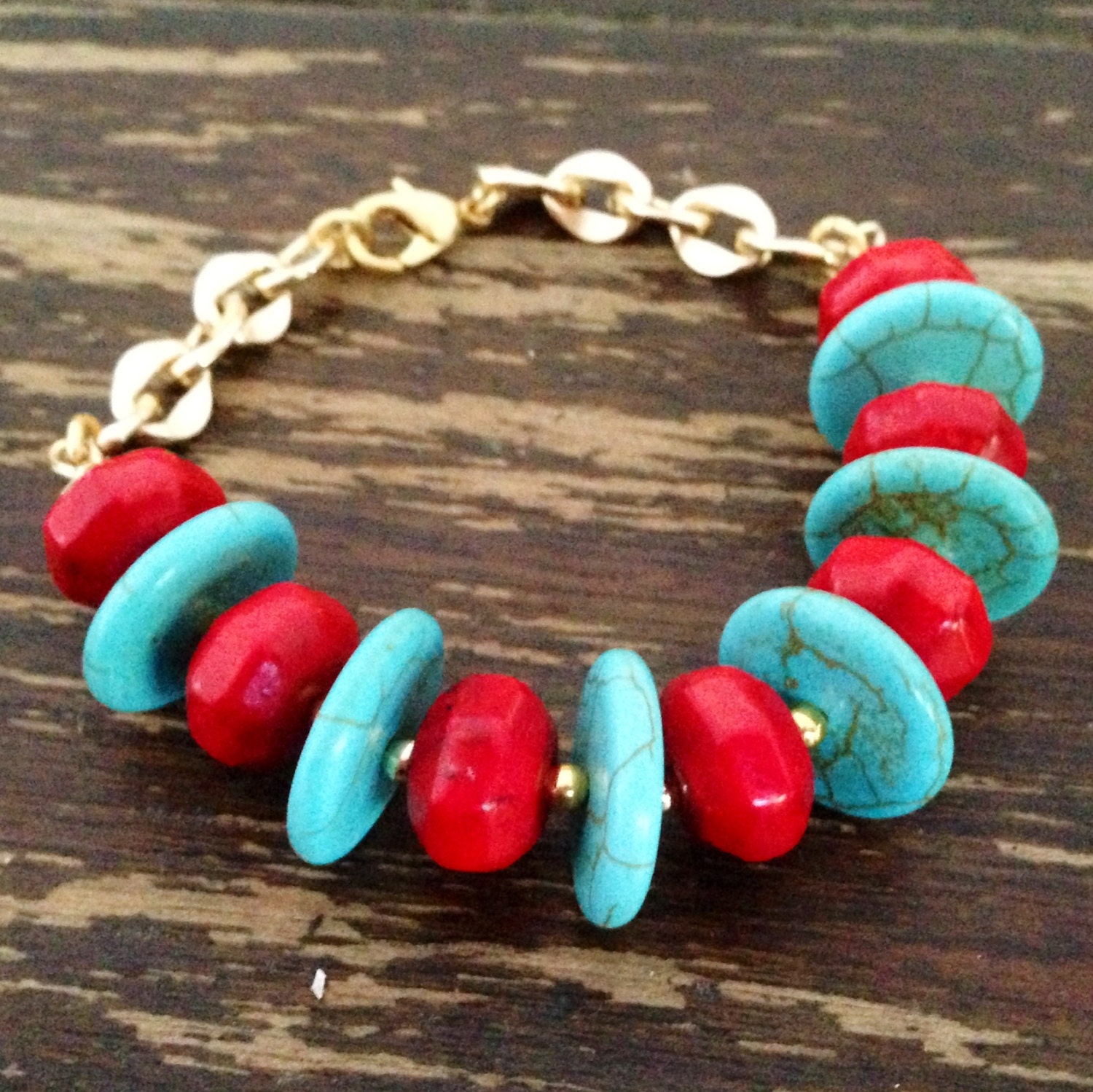 Turquoise and Red Bracelet Gold Jewelry Gemstone Jewellery | Etsy
