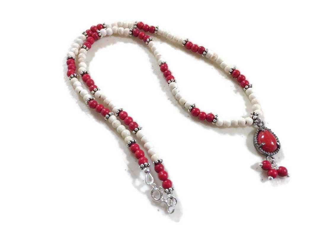 Red Necklace - Sterling Silver Jewelry - Howlite Gemstone Jewellery ...