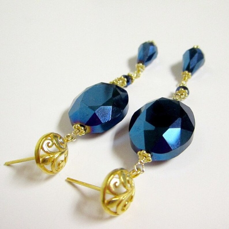 Blue Crystal Dangle Earrings - 24k Gold Vermeil, Filigree - Etsy