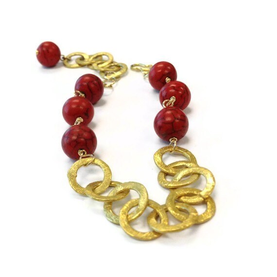 Red Bracelet Howlite and Gold Jewelry Natural Gemstone | Etsy