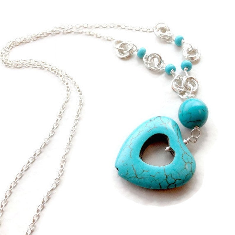 Turquoise Heart Necklace - Howlite Gemstone Jewelry - Sterling Silver ...