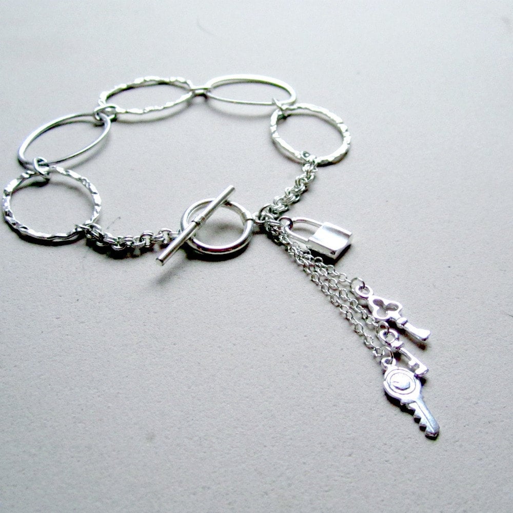 Silver Link Bracelet With Lock and Key Charms Wedding Jewelry | Etsy