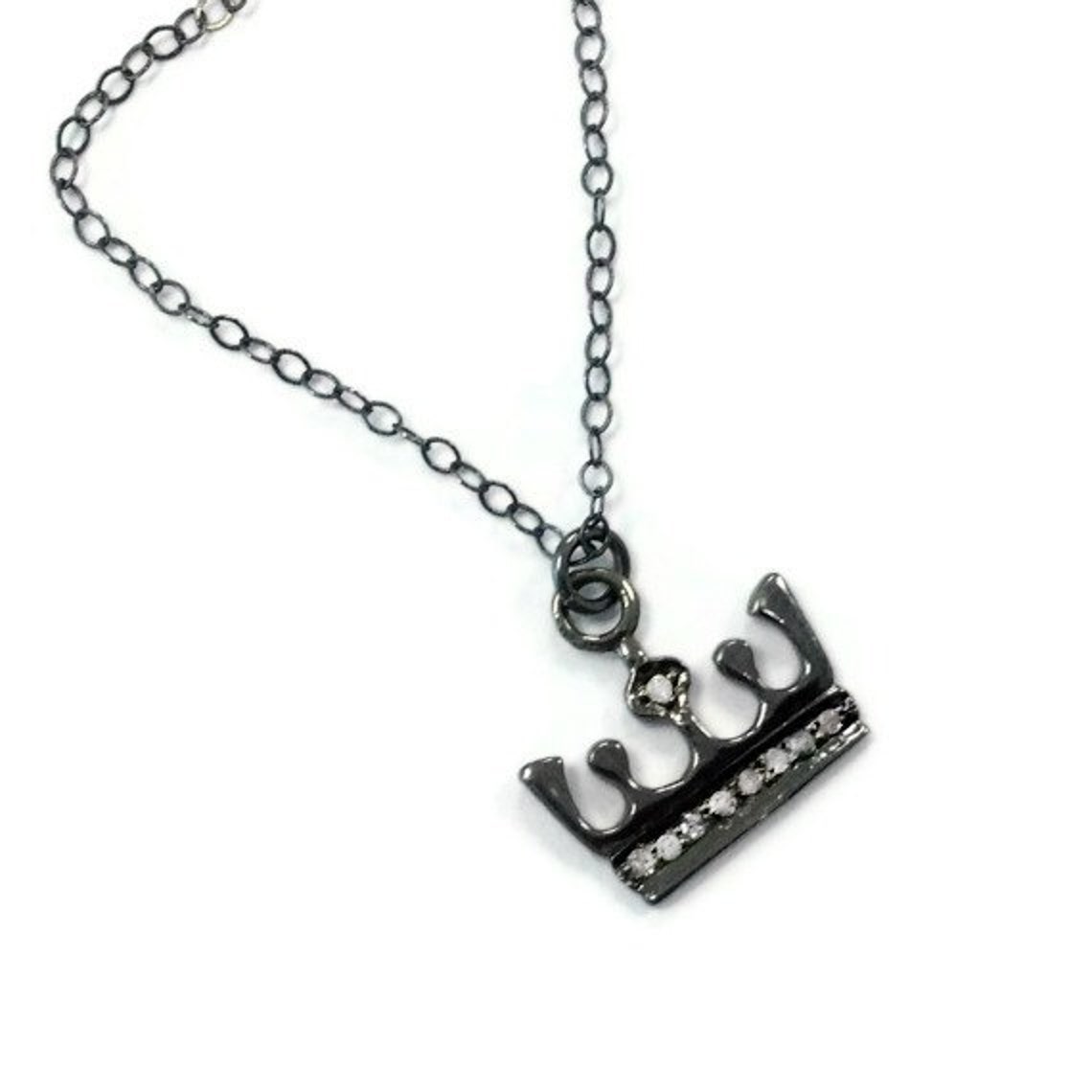 Diamond Necklace - Crown Pendant Jewelry - Oxidized Sterling Silver ...