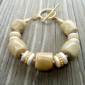 Tan Coral Bracelet - White Pearl Gemstone Jewellery - Gold Jewelry ...