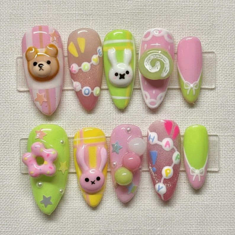 Cute Kawaii Press on Nails, 3D Bunny Bear Candy Nails, Handmade Pastel ...