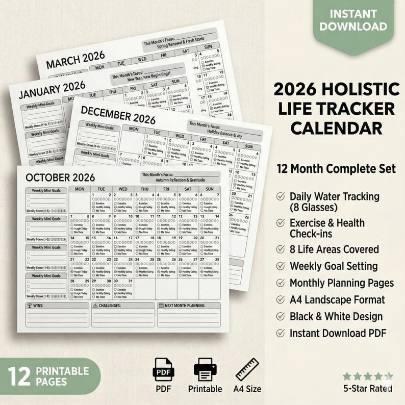 2026 Calendar , 2026 Monthly Planner , Holistic Life Tracker Planner ...