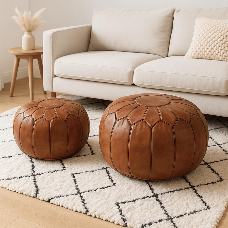 Round Brown Leather Pouf Ottoman Handmade Moroccan Genuine Leather ...