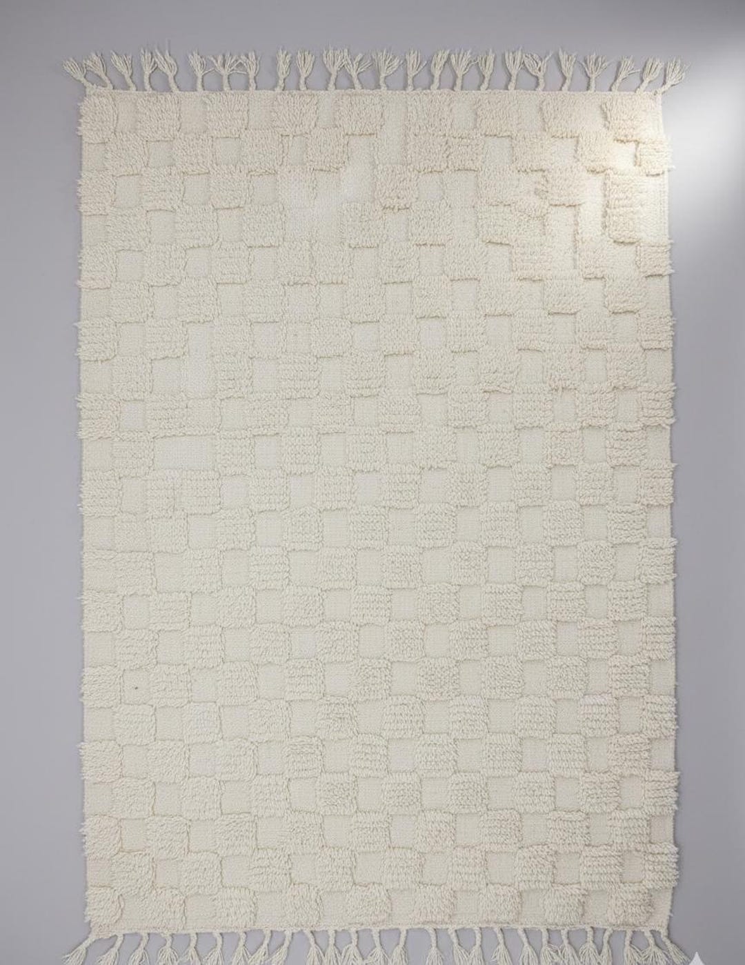 Moroccan Checkerboard Rug – Handmade White Wool Carpet – Textured Dama ...