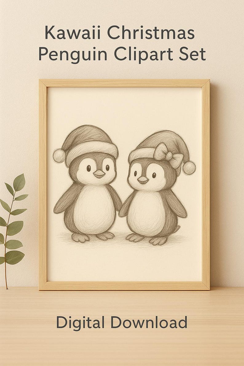 Kawaii Christmas Penguin Clipart Set, Holiday Pencil Sketches - Etsy