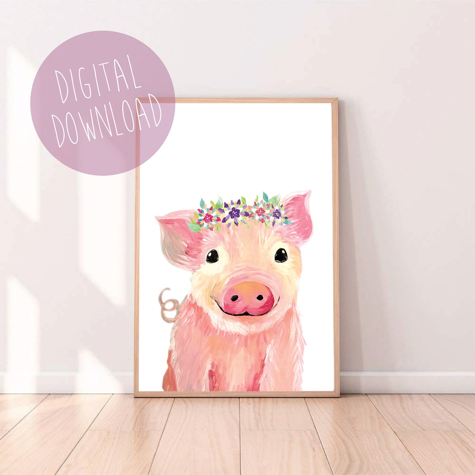 Baby Pig Art Print, Pig With Flower Crown Art, Digital Download ...