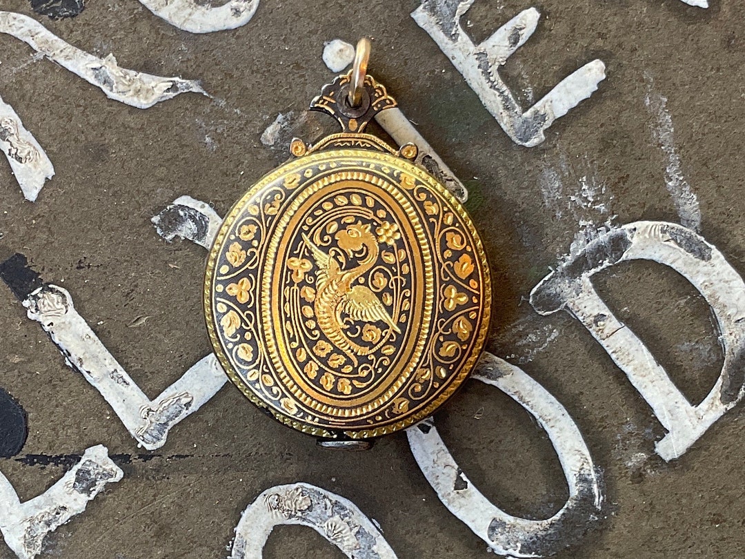 Victorian Niello Slide Locket, Iron and Gold With Mirror, Dragon Motif ...
