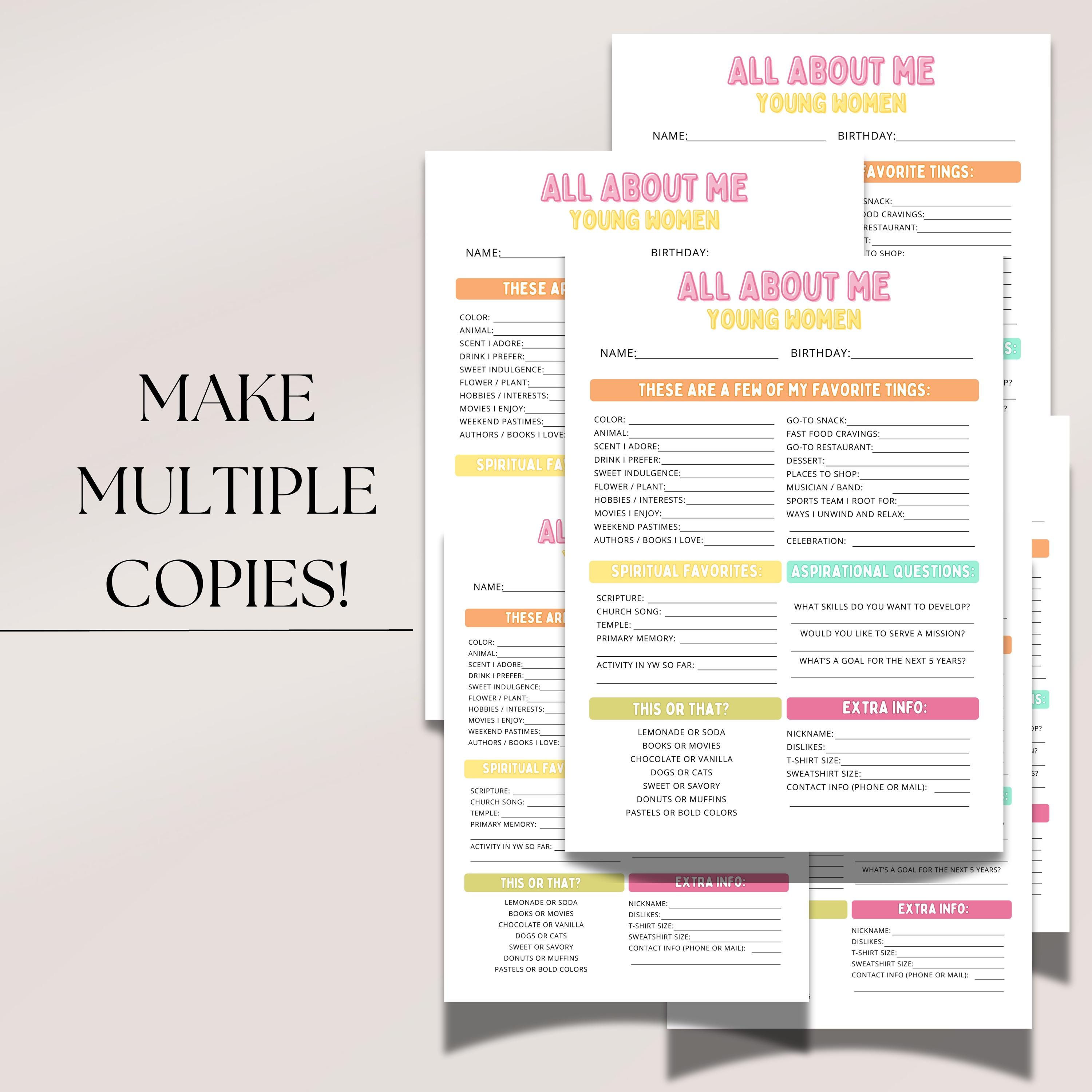 Editable Young Women Questionnaire Form, LDS YW Get to Know You Sheet ...