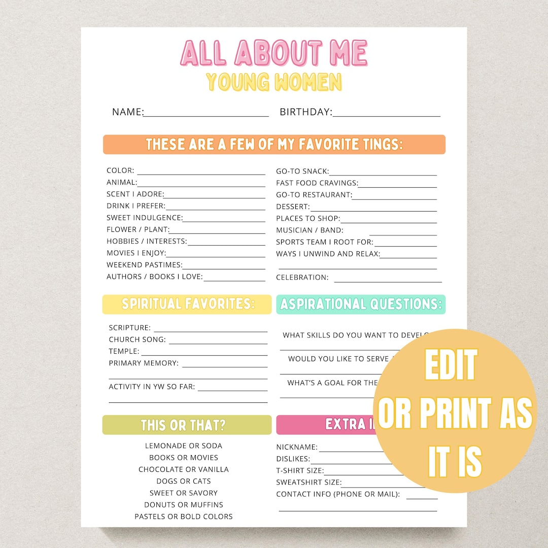 Editable Young Women Questionnaire Form, LDS YW Get to Know You Sheet ...