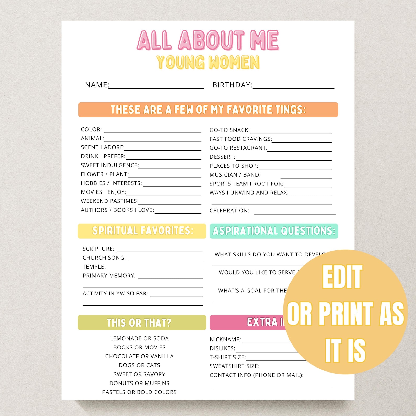 Editable Young Women Questionnaire Form, LDS YW Get to Know You Sheet ...