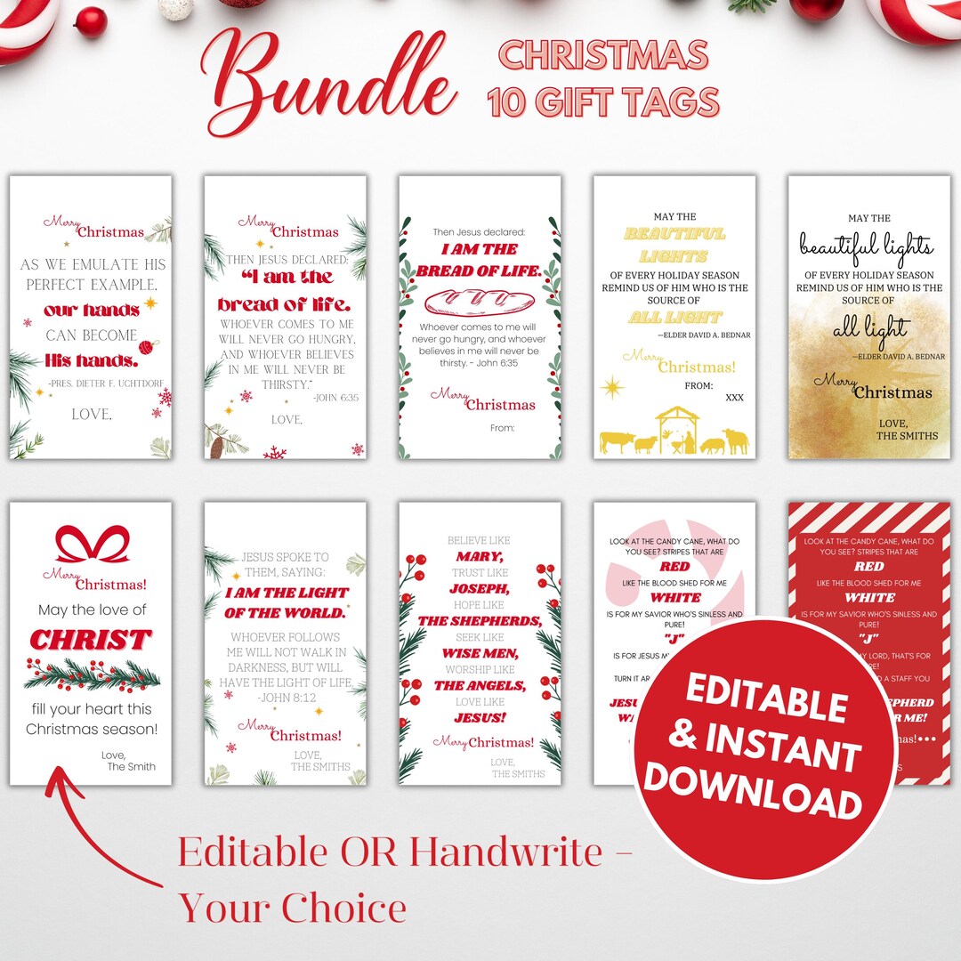 LDS Christmas Gift Tag Bundle, 10 Christian Christmas Tags, Editable ...