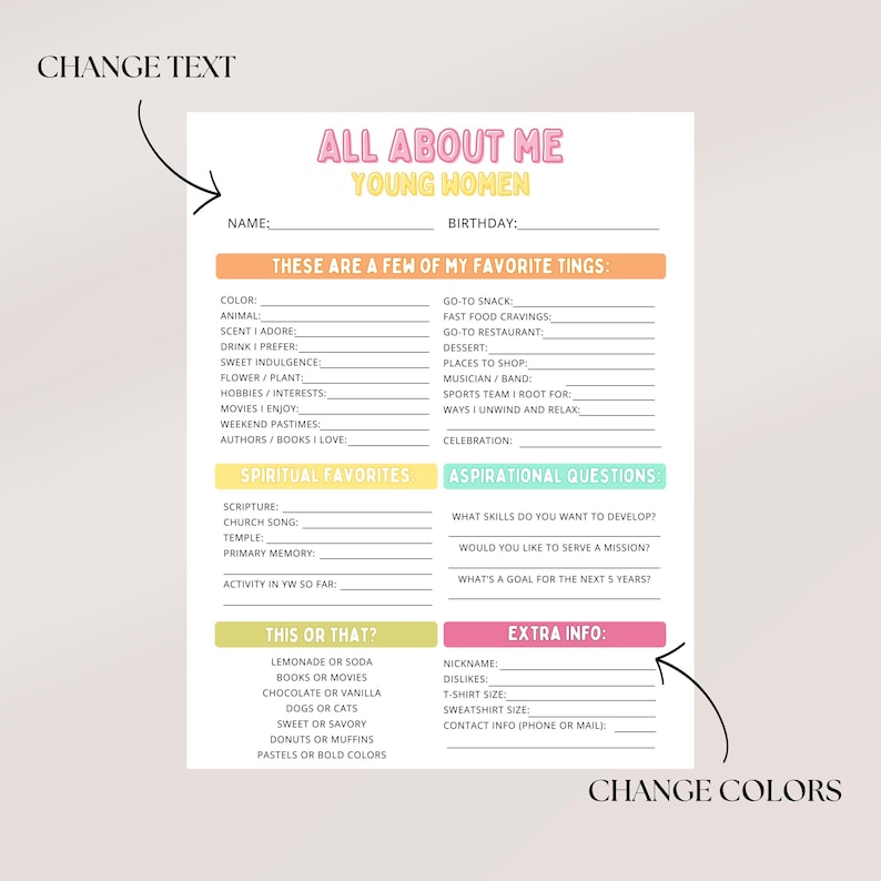 Editable Young Women Questionnaire Form, LDS YW Get to Know You Sheet ...
