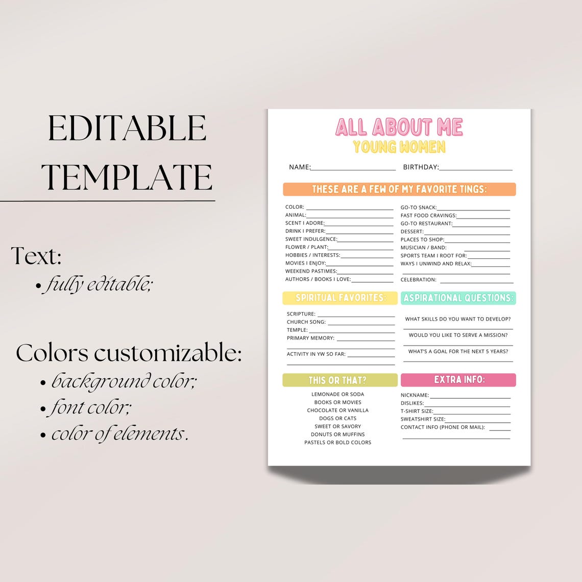 Editable Young Women Questionnaire Form, LDS YW Get to Know You Sheet ...