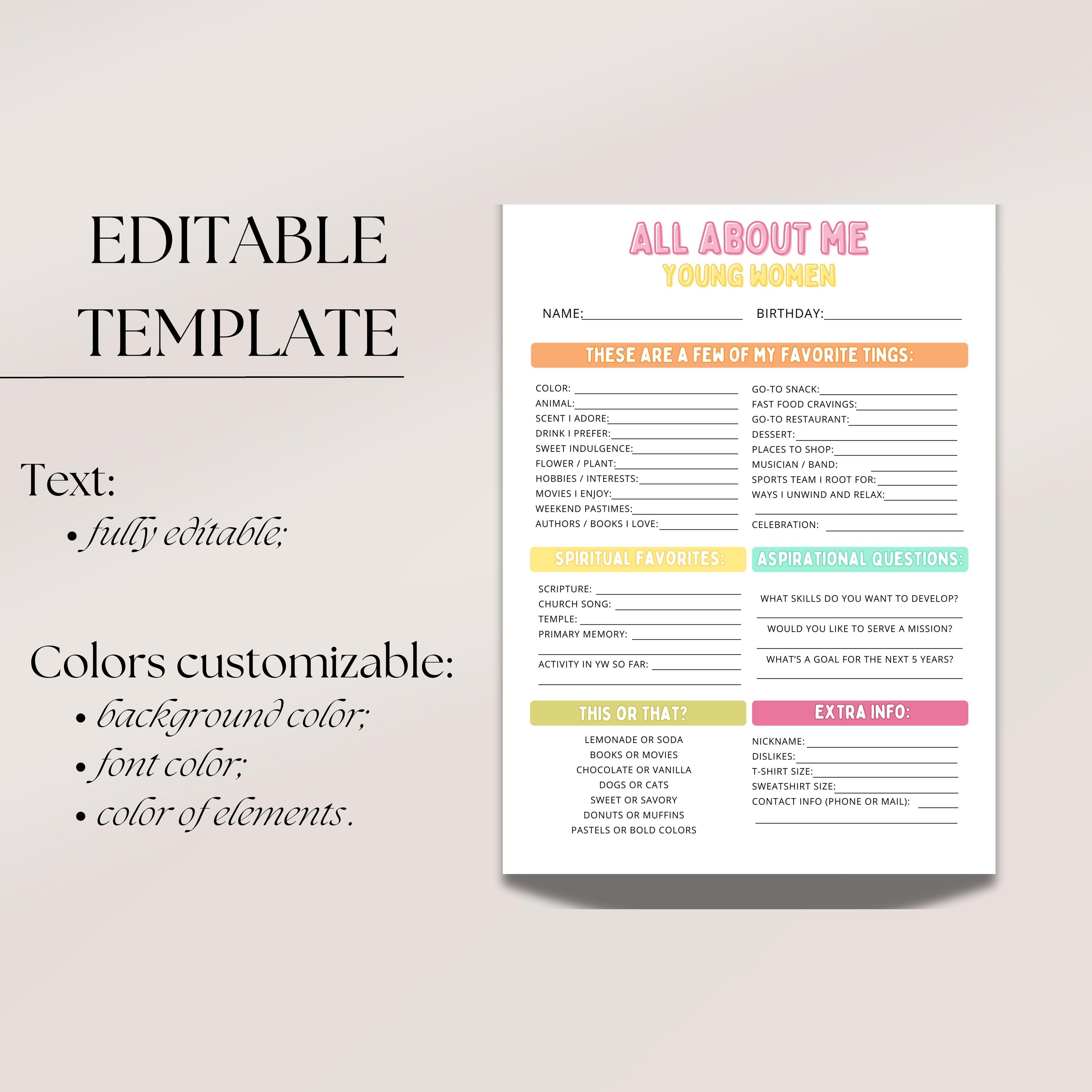 Editable Young Women Questionnaire Form, LDS YW Get to Know You Sheet ...