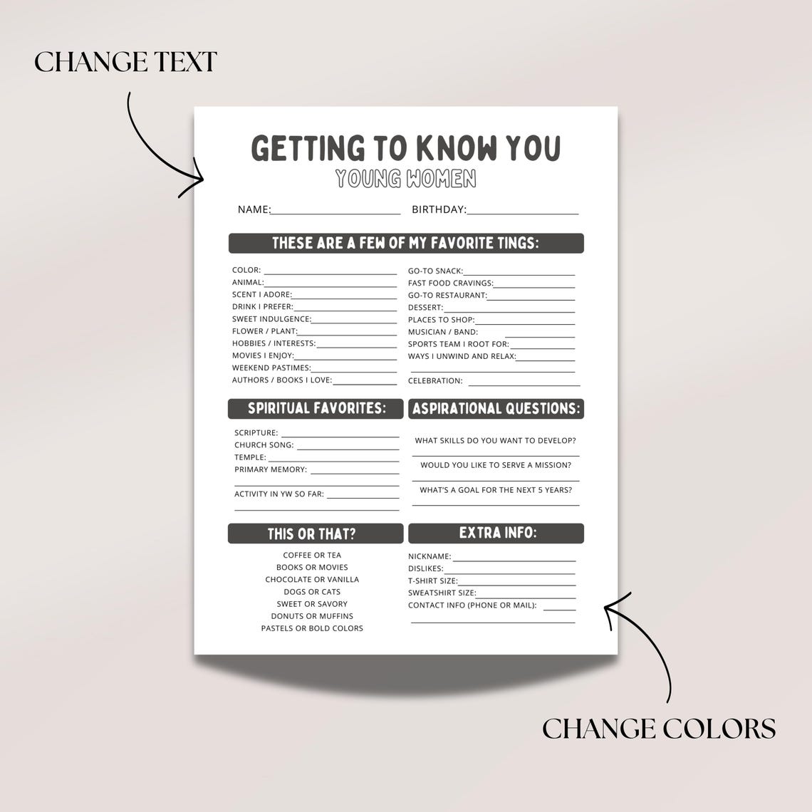 Editable Secret Sister Survey Young Women, Favorite Things ...