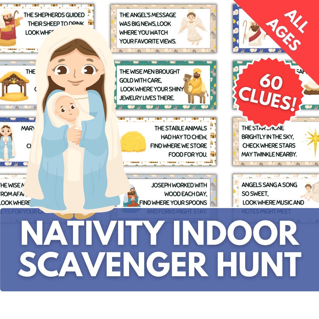 LDS Nativity Christmas Scavenger Hunt Game, 60 Gospel Riddle Cards ...