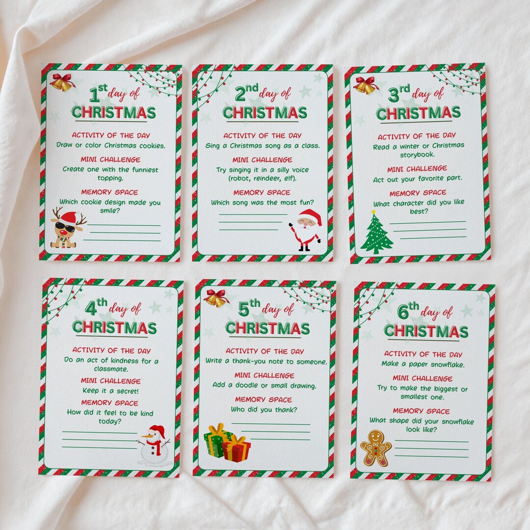12 Days of Christmas Printable Activity Advent Countdown Cards, Teacher ...
