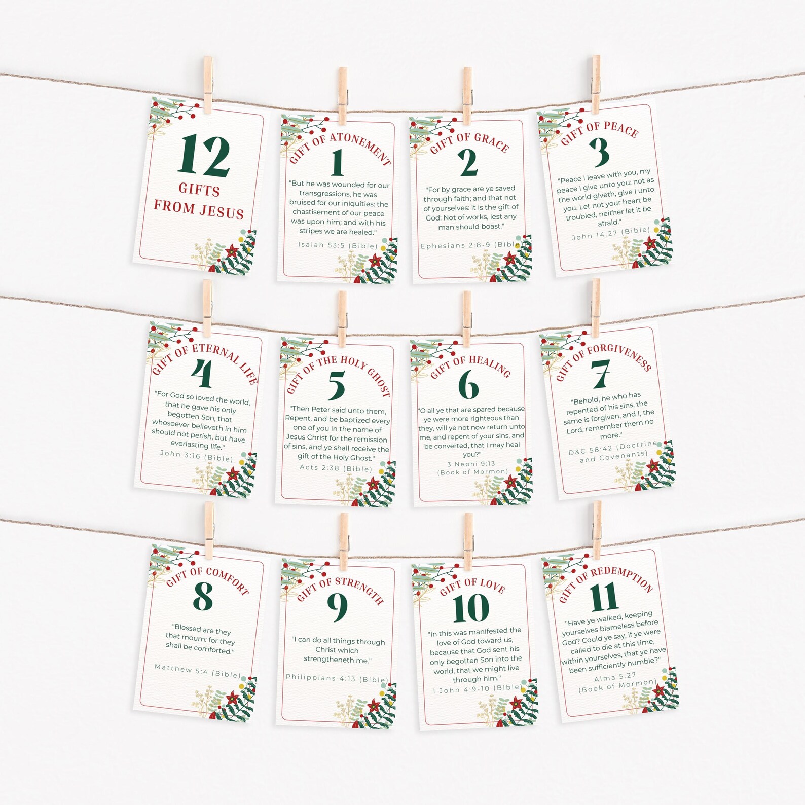 LDS 12 Gifts From Jesus Christ Advent Cards Printable, Christ Centered ...