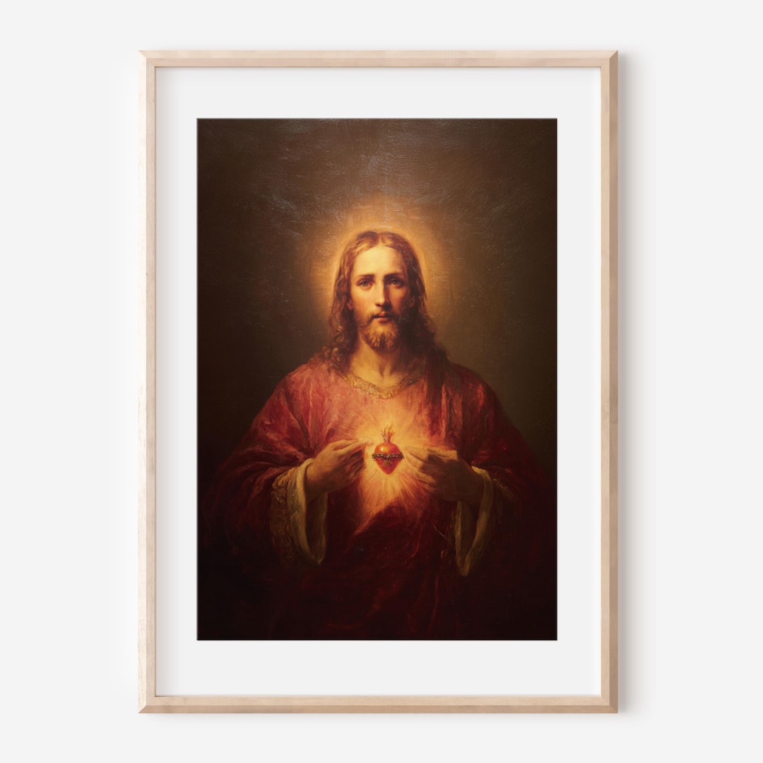 Sacred Heart of Jesus Painting, Glowing Holy Christ Portrait, Catholic ...