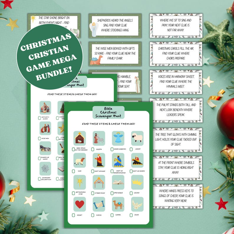 Bible and Church Christmas Scavenger Hunt Bundle, 4 Printable Holiday ...
