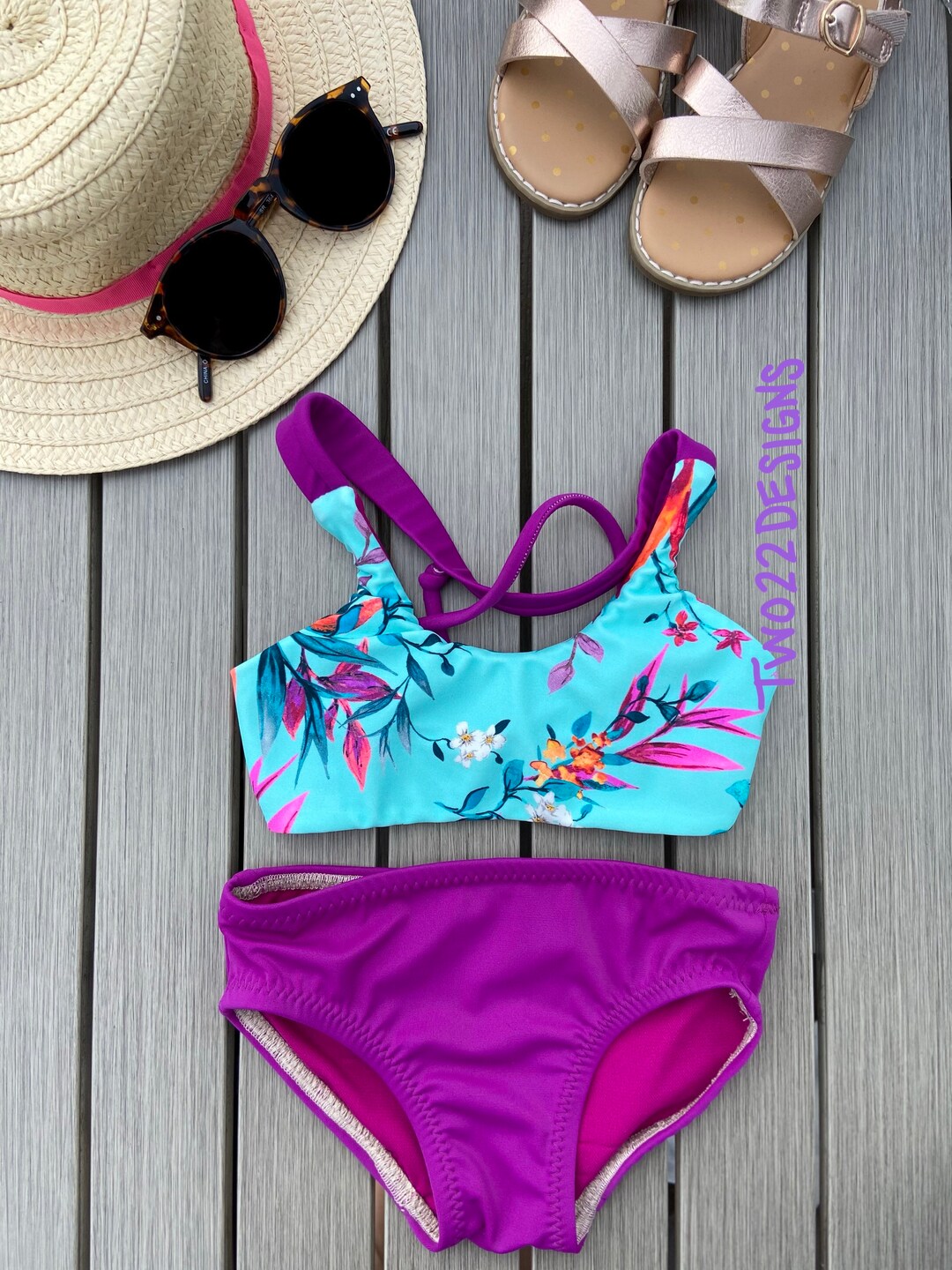 Purple and Turquoise Floral Scoop Bikini Swimwear Set - Etsy