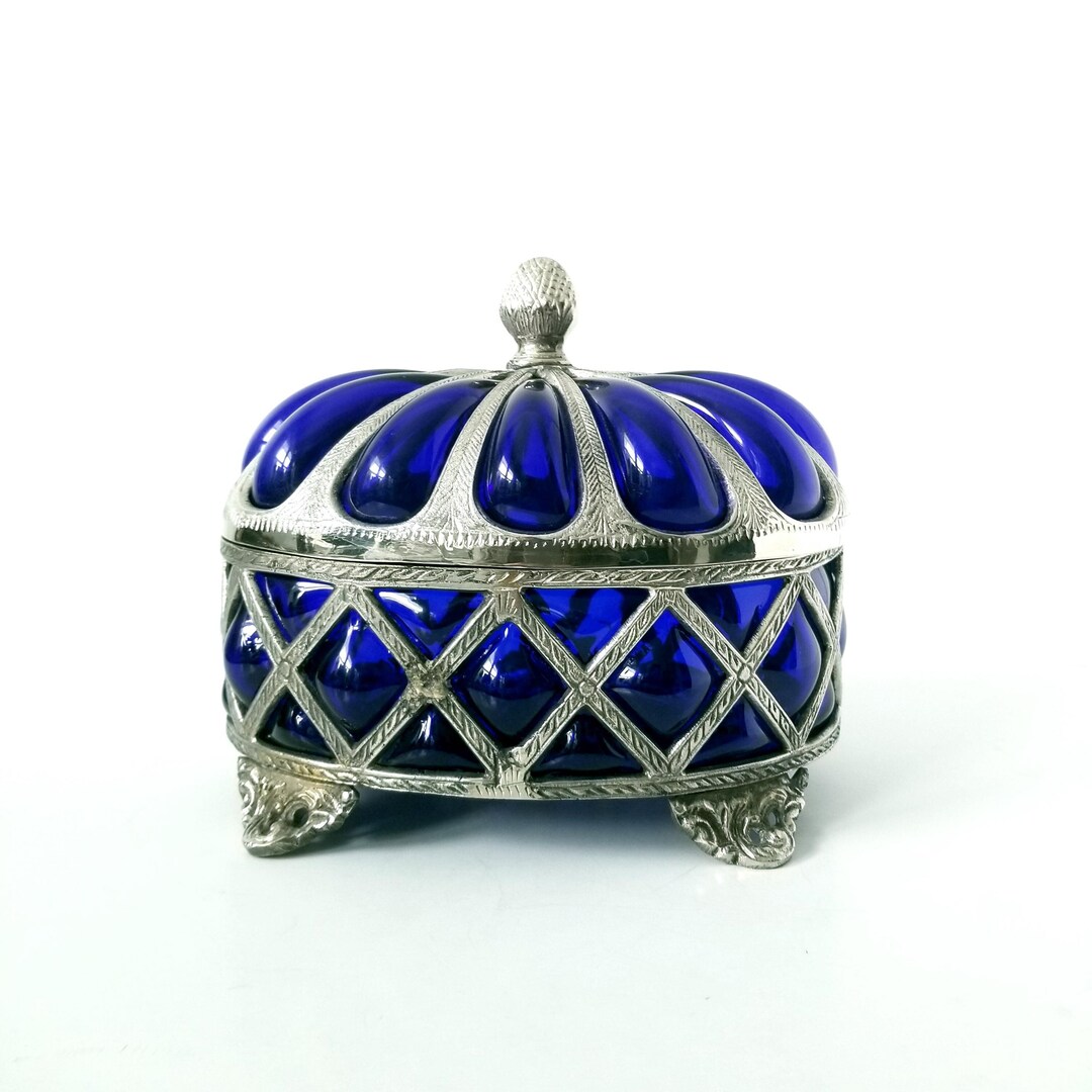 Cobalt Glass Box, Cobalt Blue Glass, Hand Blown Glass Box, Metal and ...