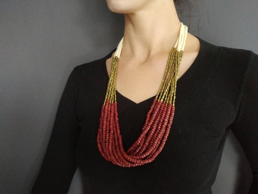 Vintage Boho Necklace, Multi-strand Necklace, Beaded Necklace, African ...