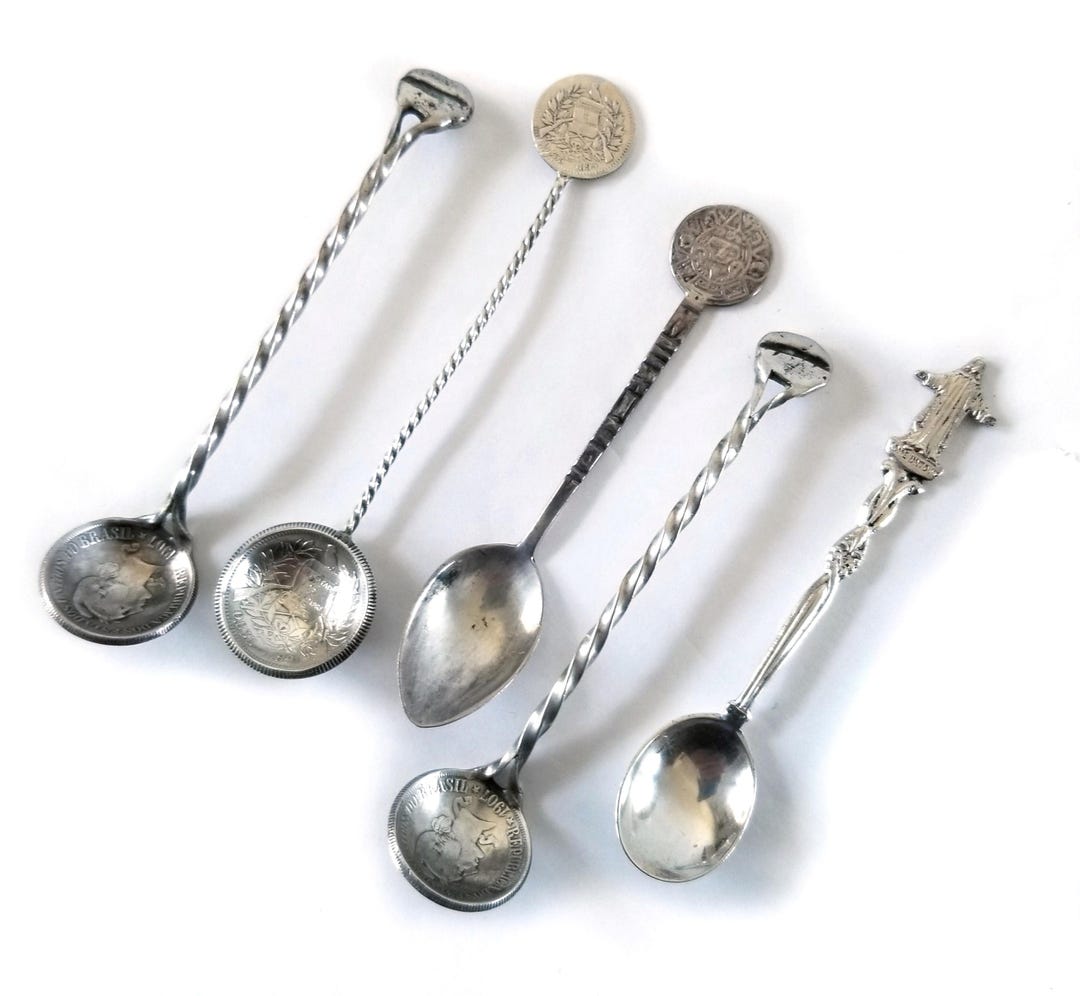 Silver Teaspoons, Five Souvenir Collectible Spoons, Coin Spoons, Mexico ...