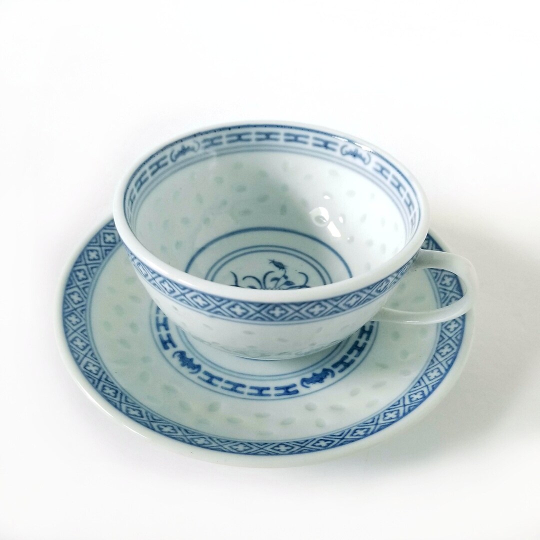 Tienshan Rice Cup and Saucer, Vintage Chinese Porcelain Teacup, Blue ...