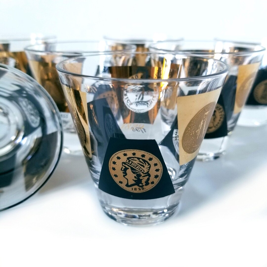 Vintage Shot Glasses, Set of Seven Cera Gold Coin Glasses Two Ounce ...