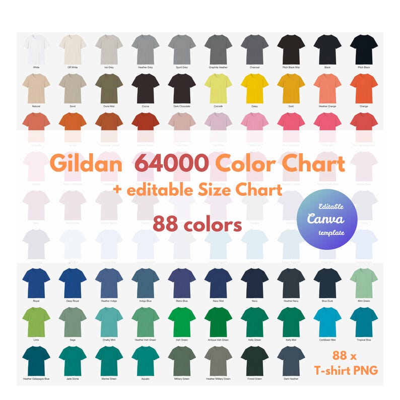 Gildan 64000 Color Chart, 88 Tshirt Mockups, Editable Canva Template - Etsy