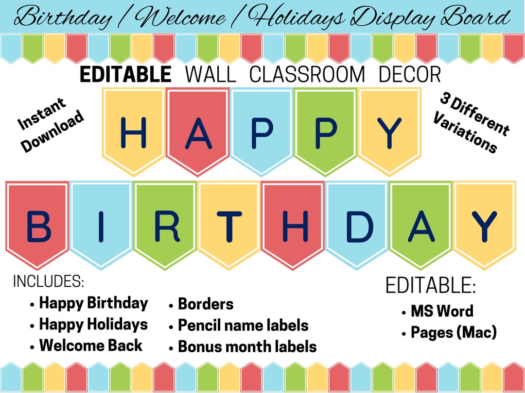 Classroom Bulletin Board Decor, Class Borders, Birthday Bunting ...