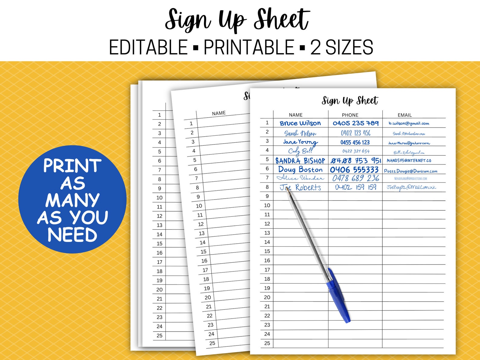 Editable Sign up Sheet Template, Printable Sign up Template, Editable ...