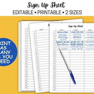 Editable Sign up Sheet Template, Printable Sign up Template, Editable ...