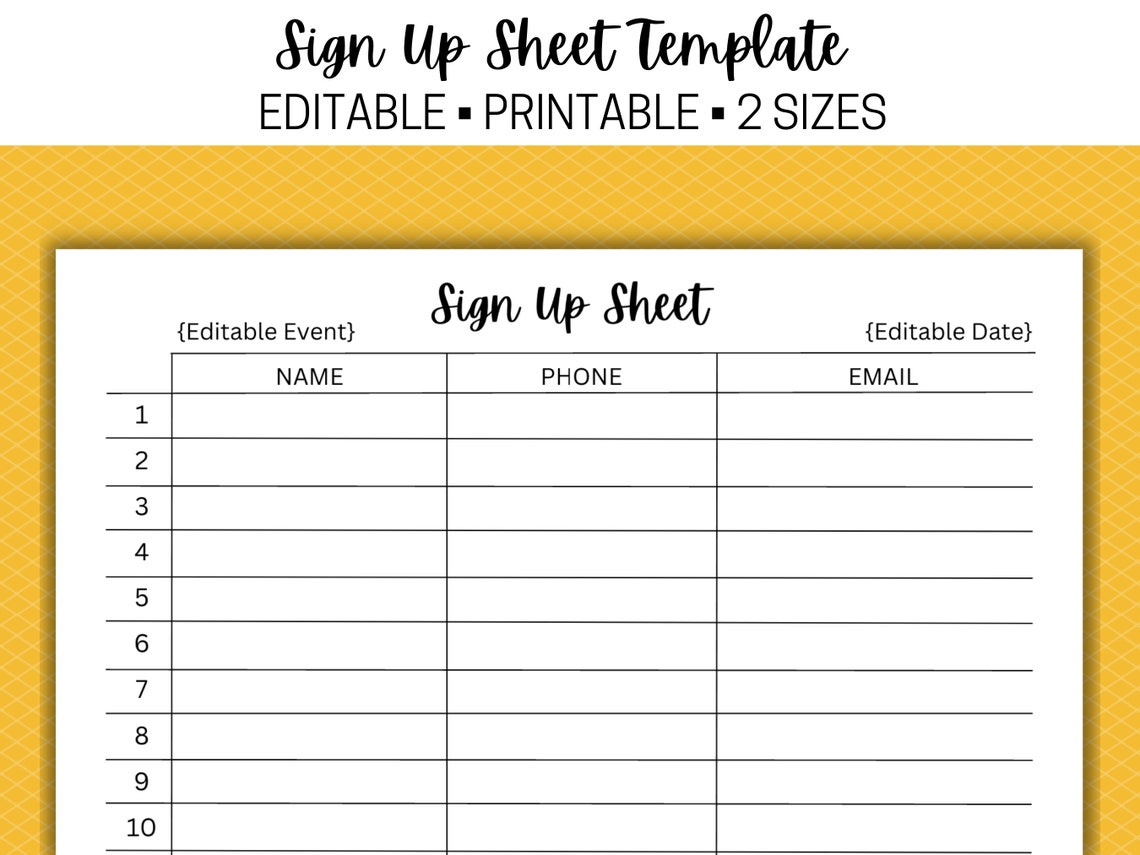 Editable Sign up Sheet Template, Printable Sign up Template, Editable ...