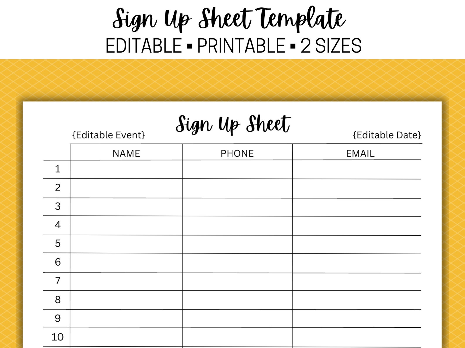 Editable Sign up Sheet Template, Printable Sign up Template, Editable ...