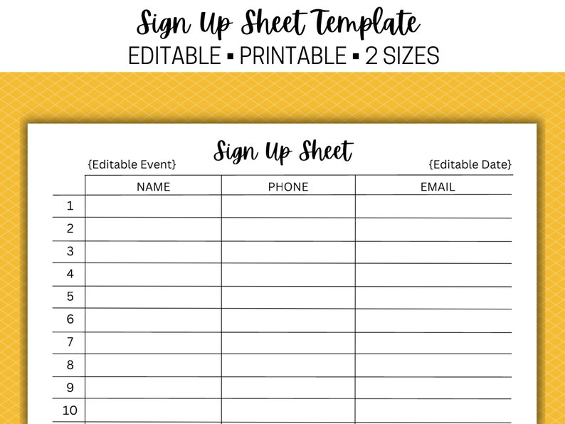 Editable Sign up Sheet Template, Printable Sign up Template, Editable ...