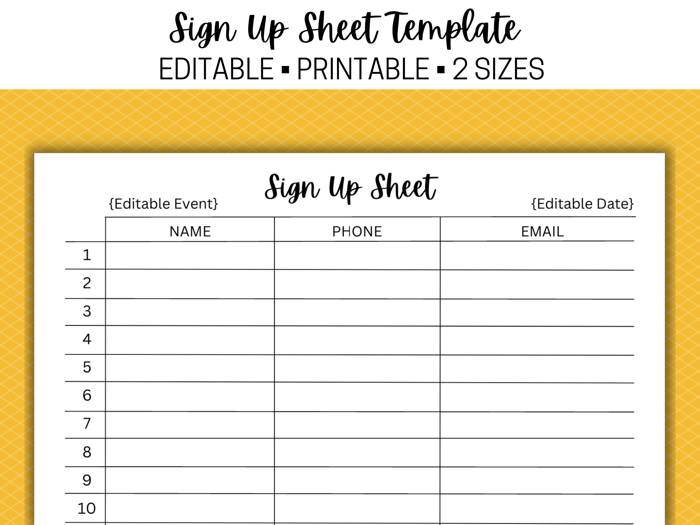 Editable Sign up Sheet Template, Printable Sign up Template, Editable ...