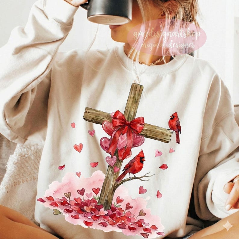 Watercolor Christian Cross PNG, Floral Easter Cardinal Sublimation ...