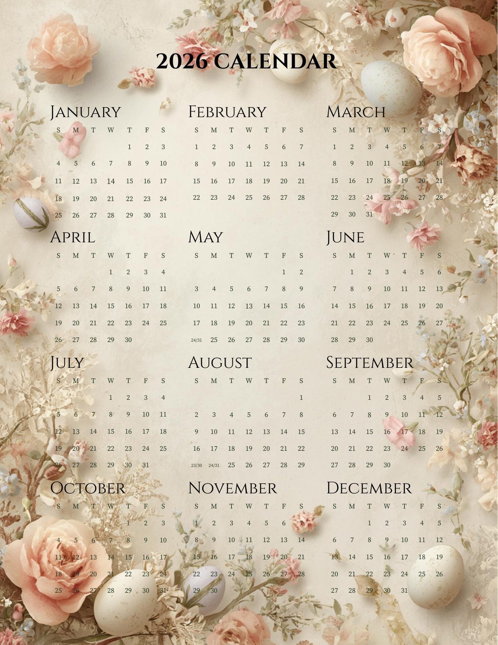 2026 Easter Shabby Chic Calendar | Vintage Floral Pastel Spring Decor ...