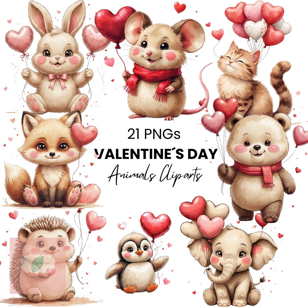Animals Valentine Day Cliparts Bundle With Heart Balloons Love Cliparts ...