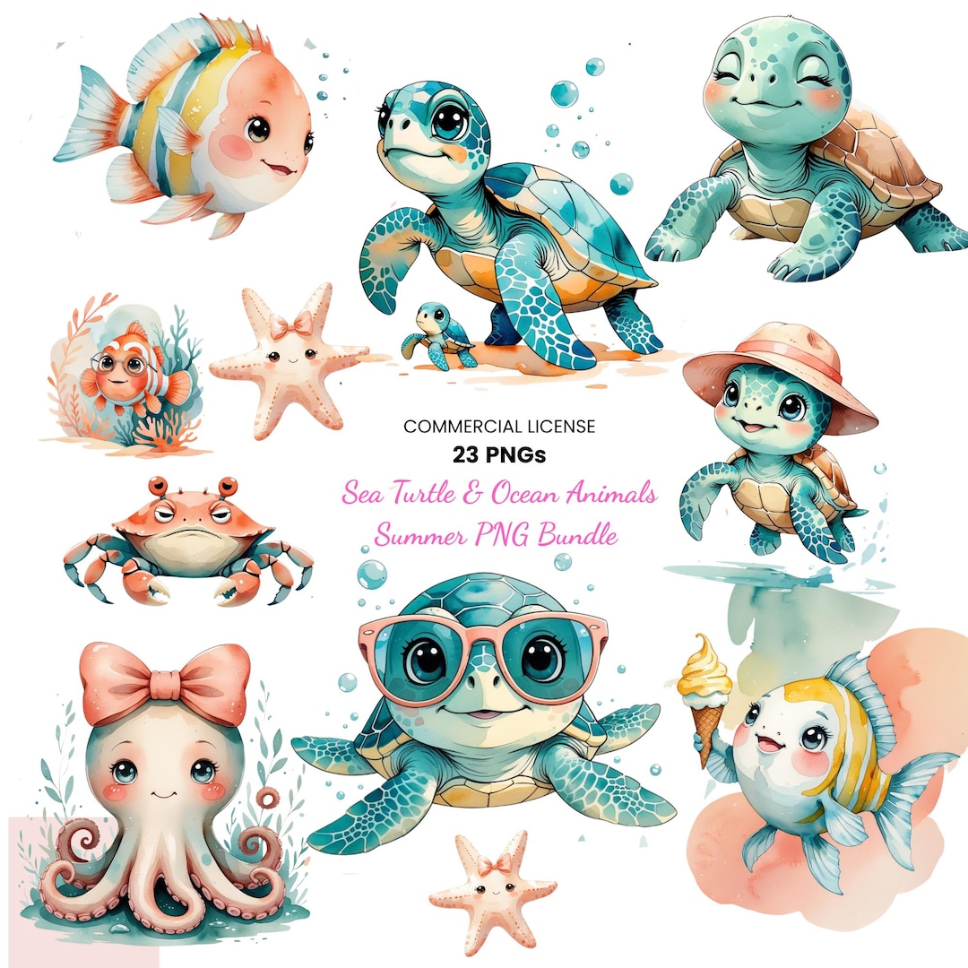 Summer Sea Turtle & Ocean Animals Clipart Bundle | Cute Summer Pngs ...