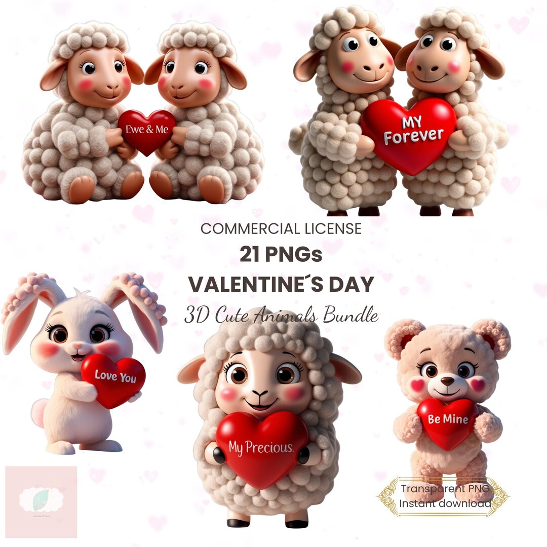 Animals Valentine Day Cliparts PNG Bundle | 3D Fluffy Sheep Couples ...